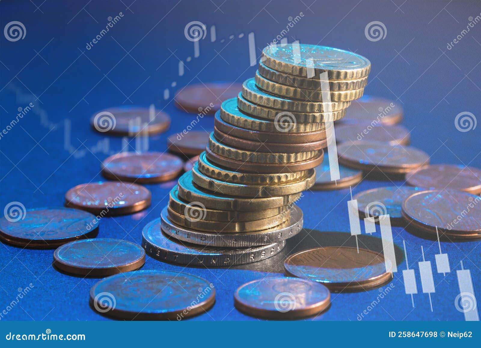 Stack of Euro Coins and Market Chart Graph with Downward Trend, Loss of ...