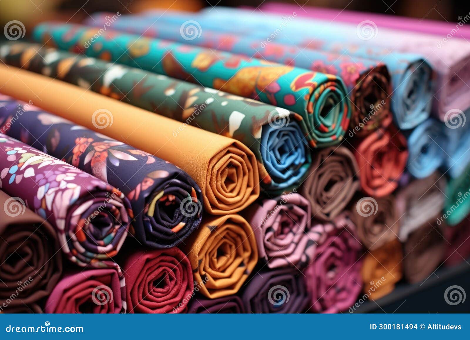 A Stack of Fabric Bolts in a Variety of Patterns and Colors Stock ...