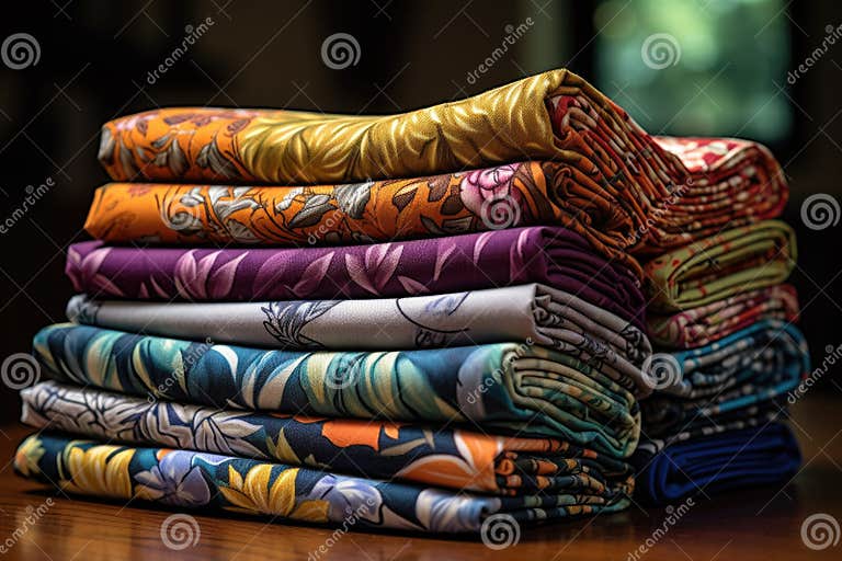 A Stack of Fabric Bolts in a Variety of Patterns and Colors Stock Image ...