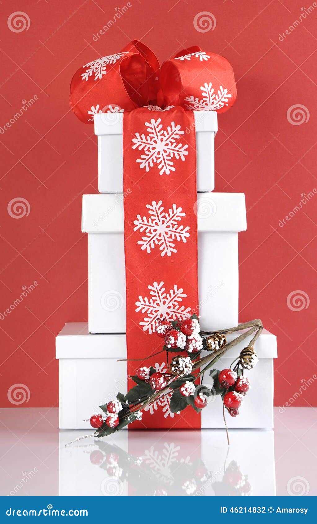 Stack of Festive Red and White Theme Christmas Gift Boxes Stock Photo ...