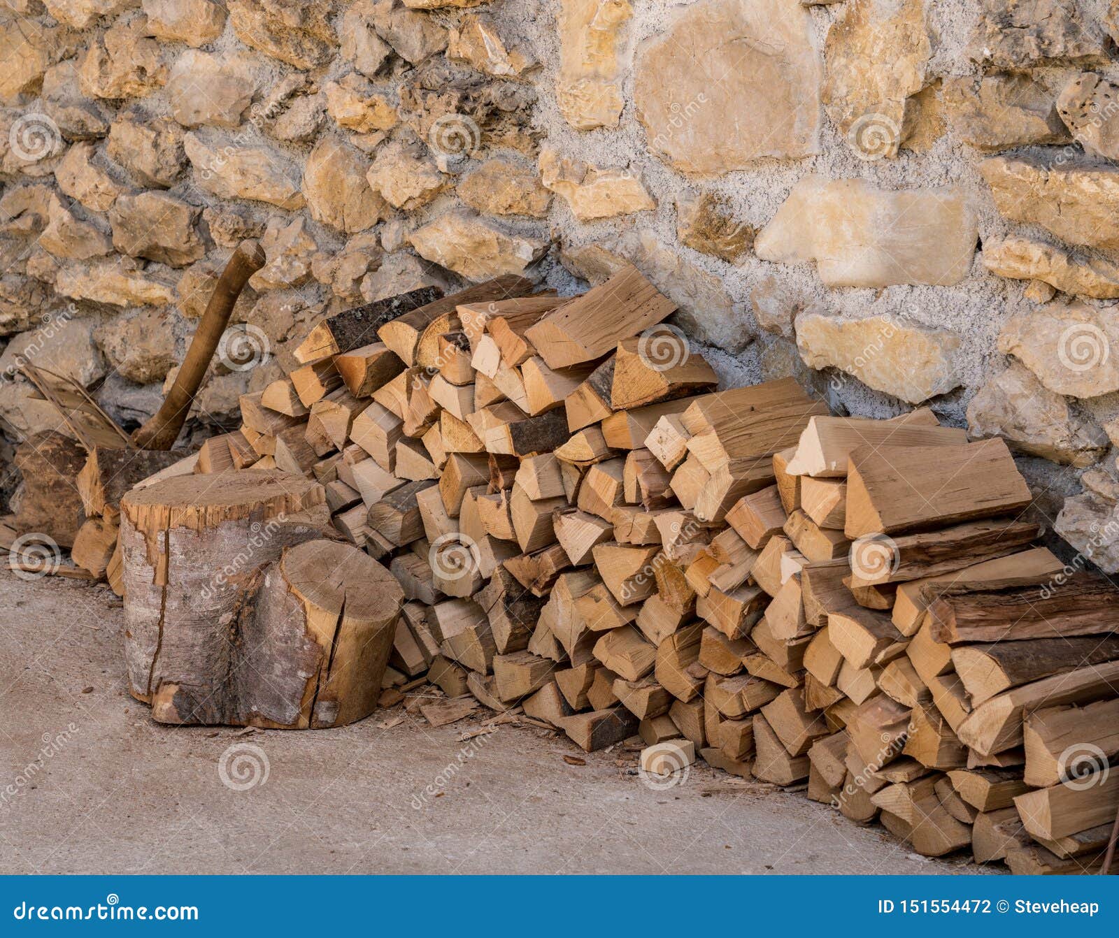 Stack of Firewood Against Stone Wall of Farmhouse Stock Photo - Image ...