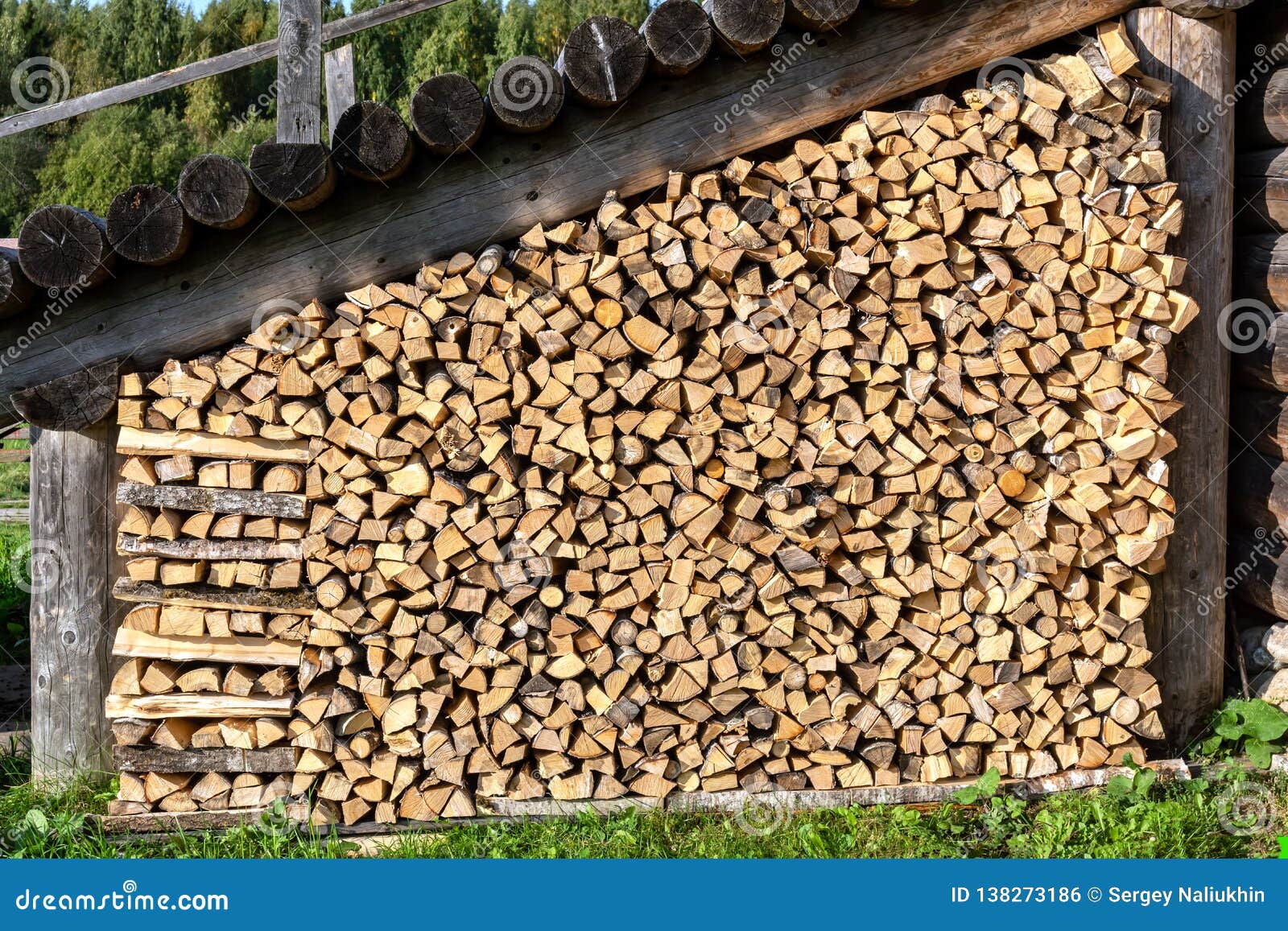 Stack of Firewood at the Wall of the House Stock Photo - Image of ...
