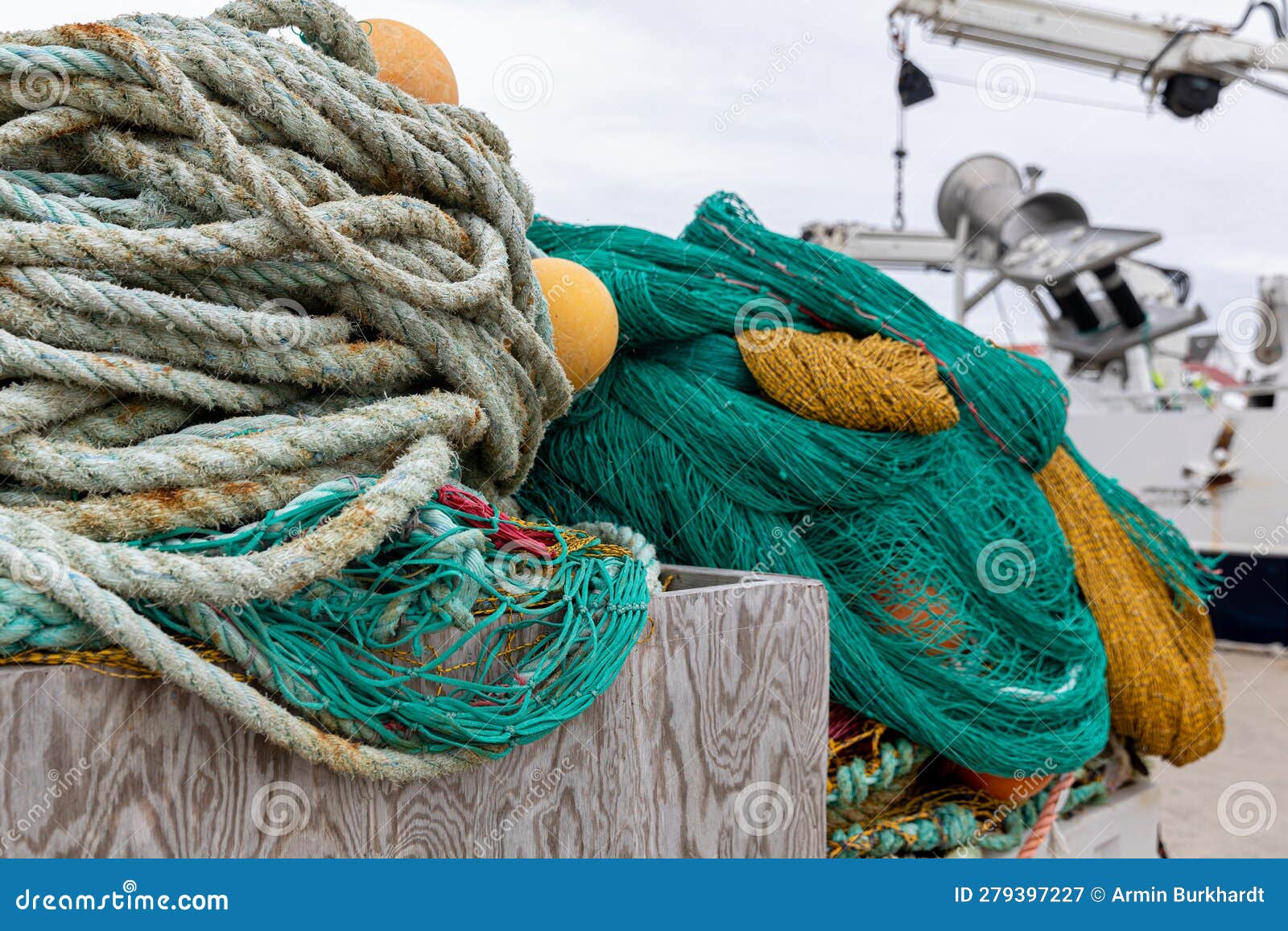 A Stack of Fishing Nets and Ropes for Mooring at a Harbor Stock Image ...