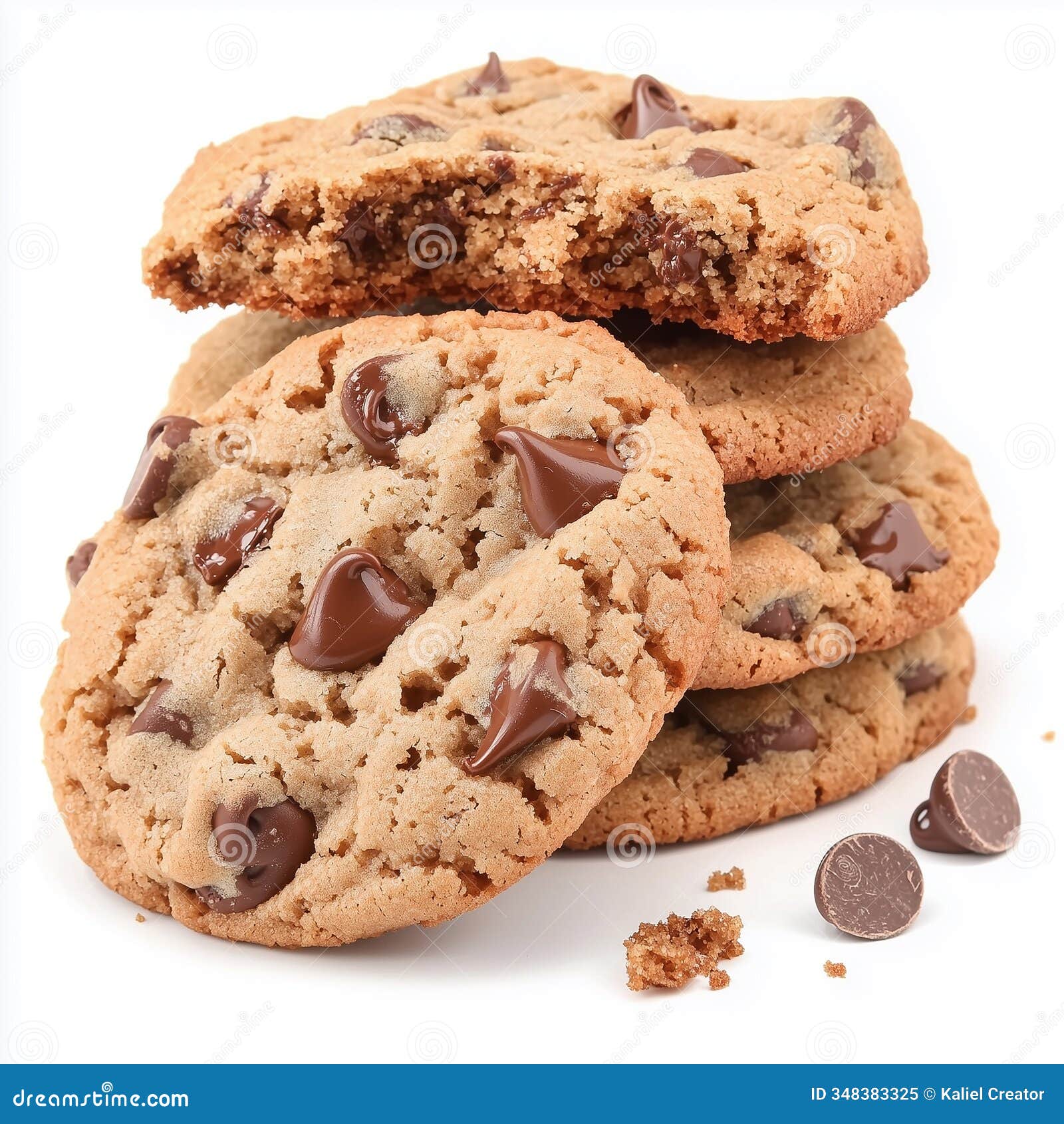 A Stack of Five Chocolate Chip Cookies, Isolated on a White Background ...