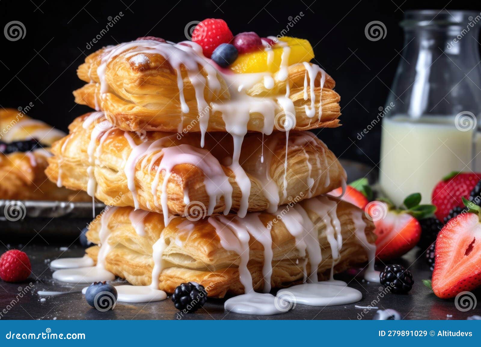 Stack of Flaky Puff Pastries, Filled with Fruit and Drizzled with Icing ...