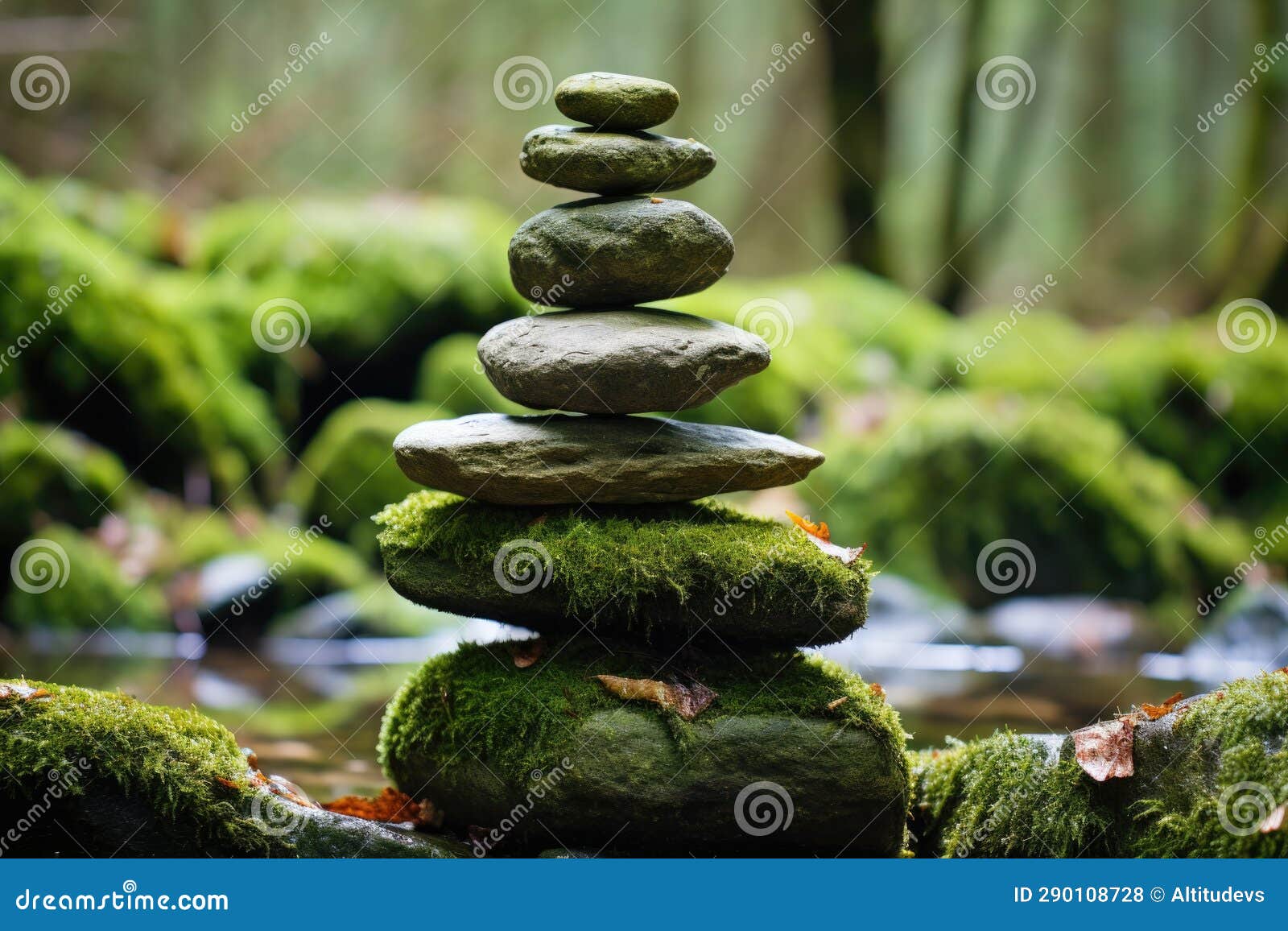 A Stack of Flat, Round Stones Balancing on a Mossy Log Stock Photo ...
