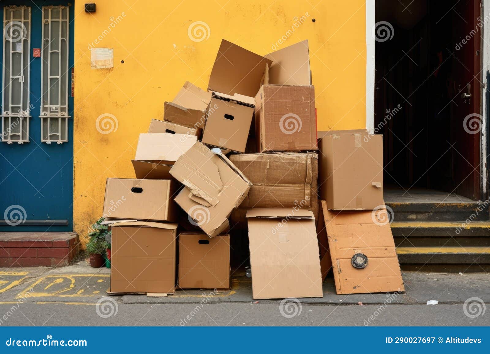 A Stack of Flattened Cardboard Boxes Next To a Recycling Bin Stock ...