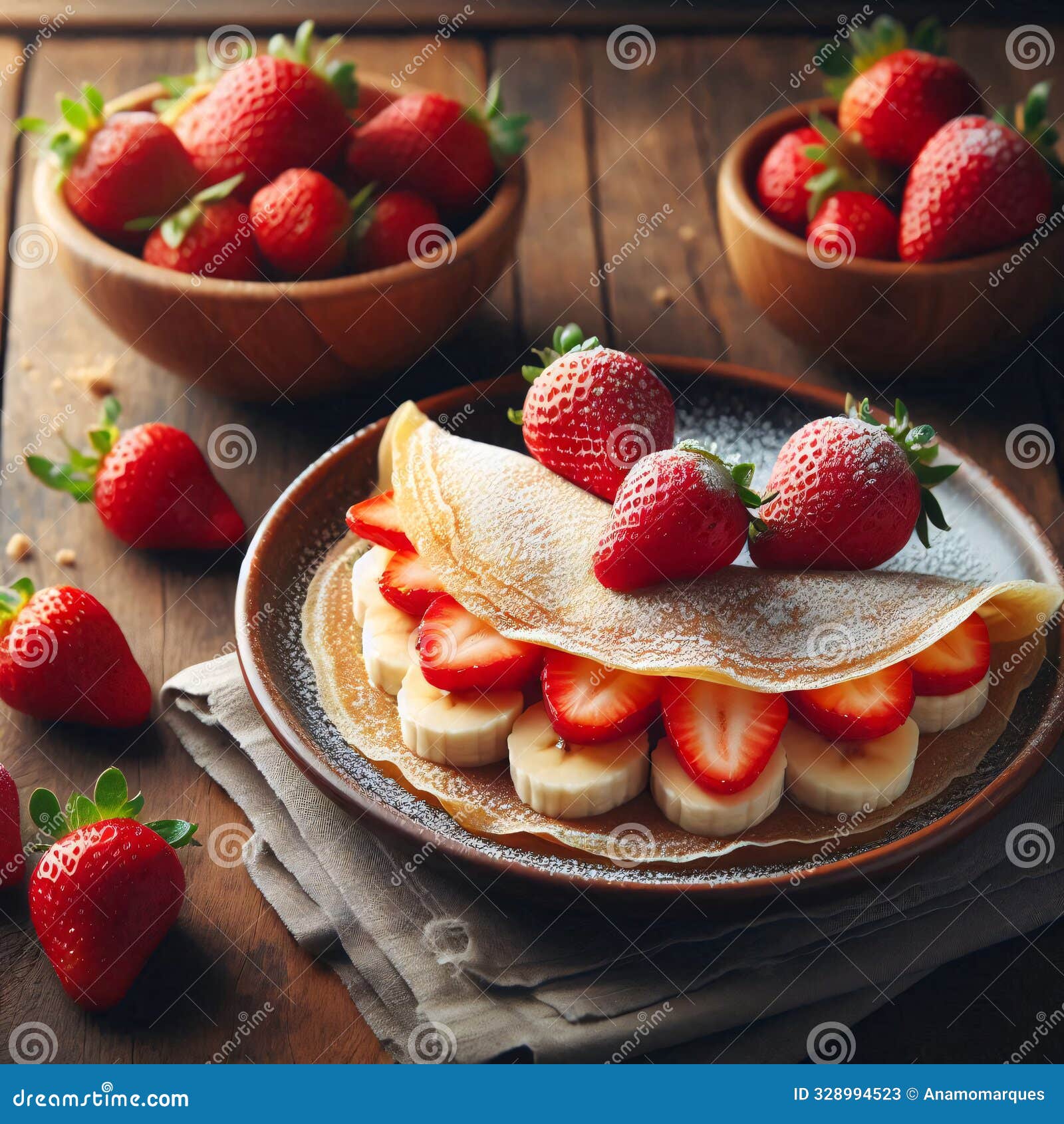 A Stack of Fluffy Crepes with Strawberry, Banana and Maple Syrup Sits ...