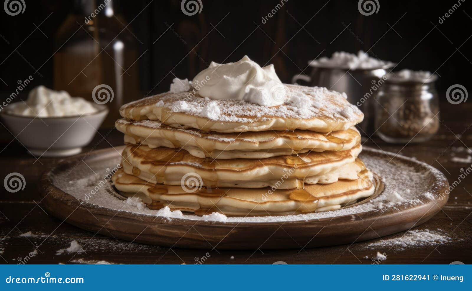 Stack of Fluffy Pancakes with Maple Syrup, Whipped Cream, and a ...