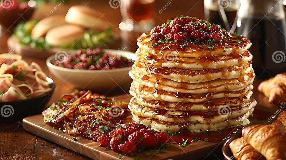 Stack of Fluffy Pancakes Topped with Fresh Strawberries and Assorted ...