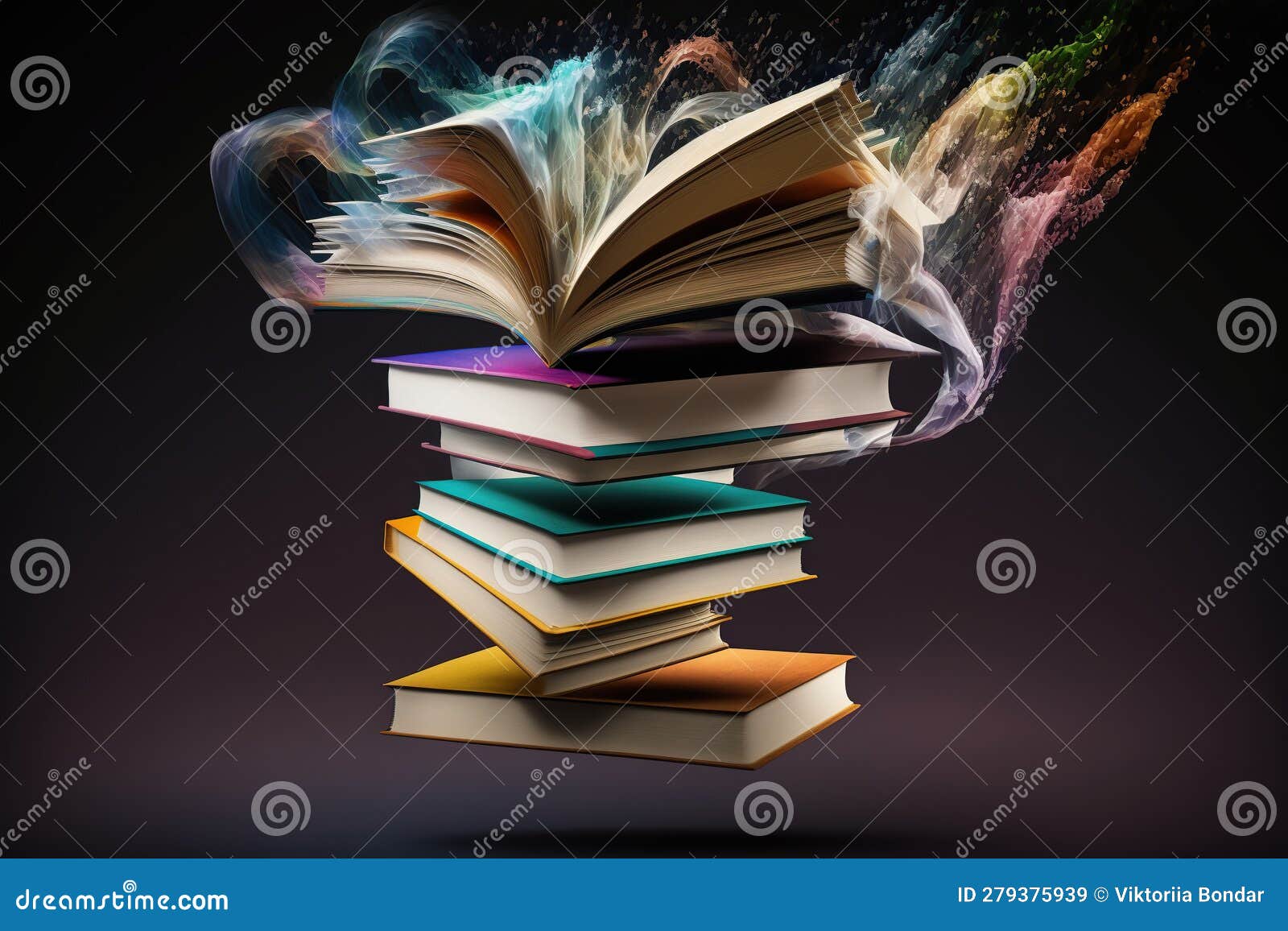 Stack of Flying Books with Levitation on Black Background Stock ...
