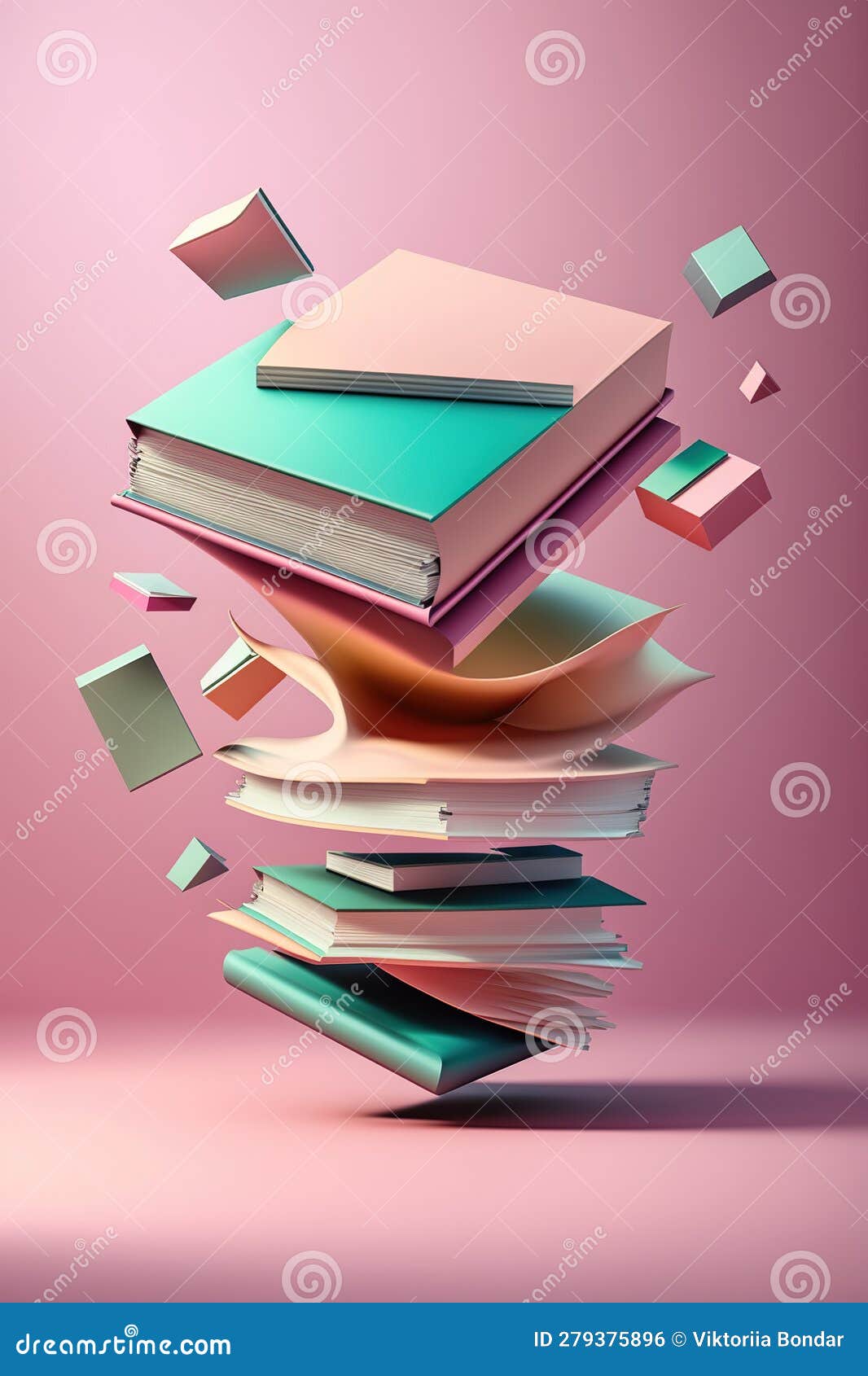 Stack of Flying Books with Levitation on Pink Background Stock ...