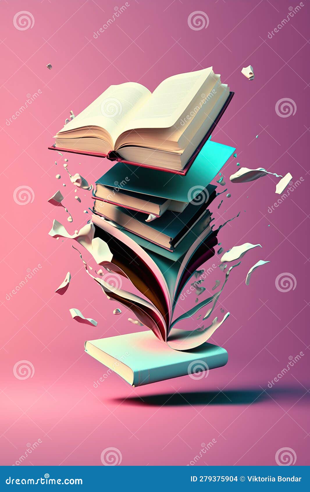 Stack of Flying Books with Levitation on Pink Background Stock ...