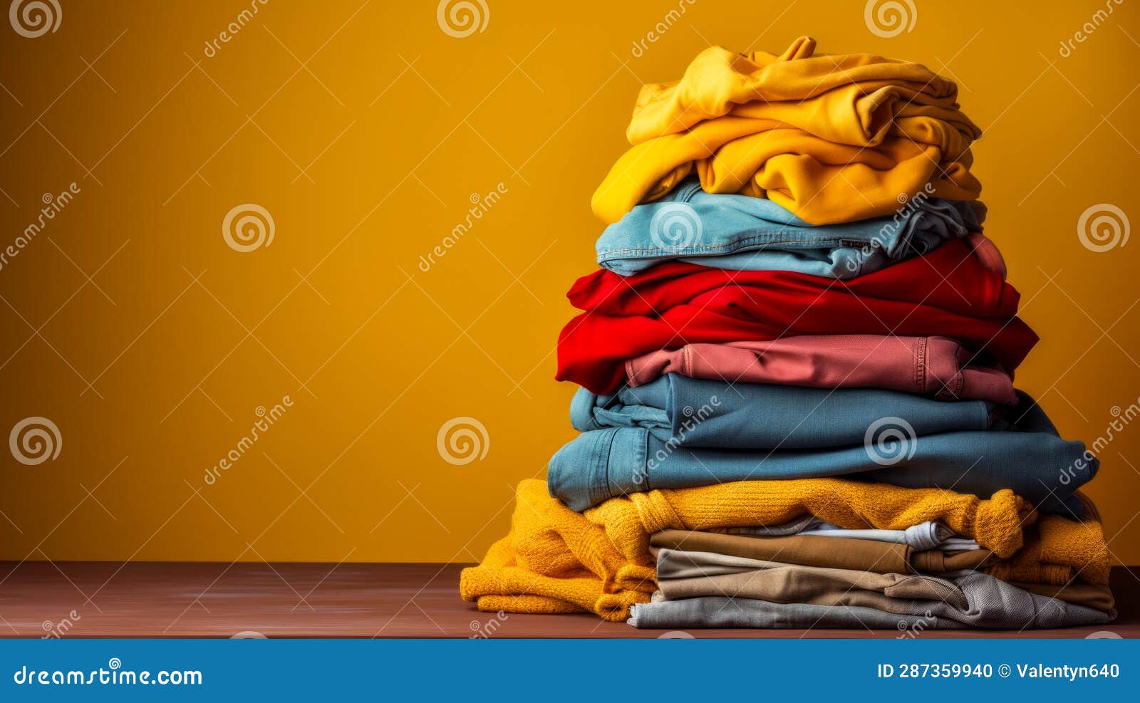 Stack of Folded Clothes Sitting on Top of Wooden Table. Generative AI ...
