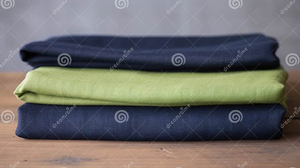 A Stack of Folded Cloths on a Wooden Table with a Gray Wall in the ...