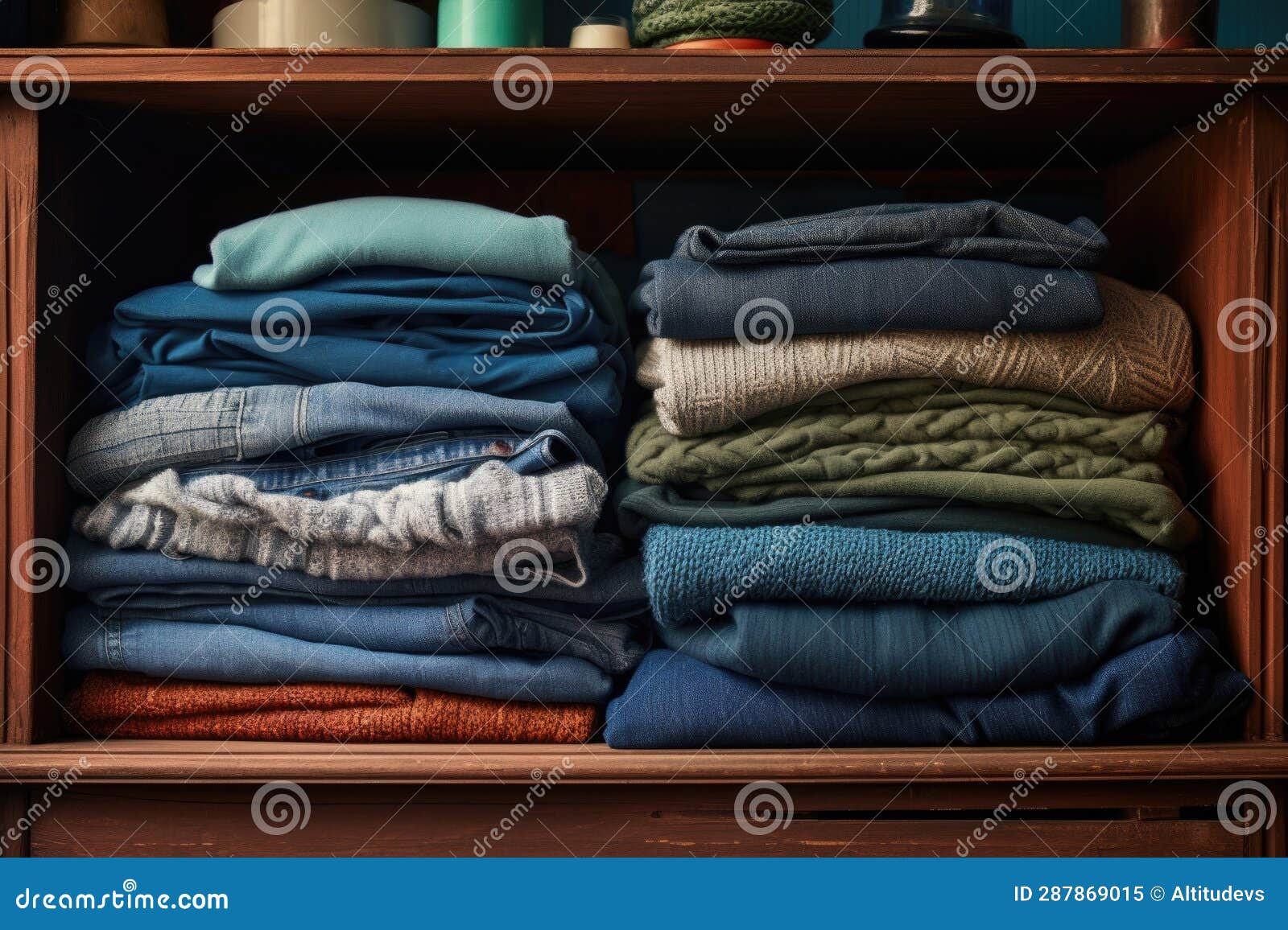 Stack of Folded Jeans and Sweaters on a Shelf Stock Image - Image of ...