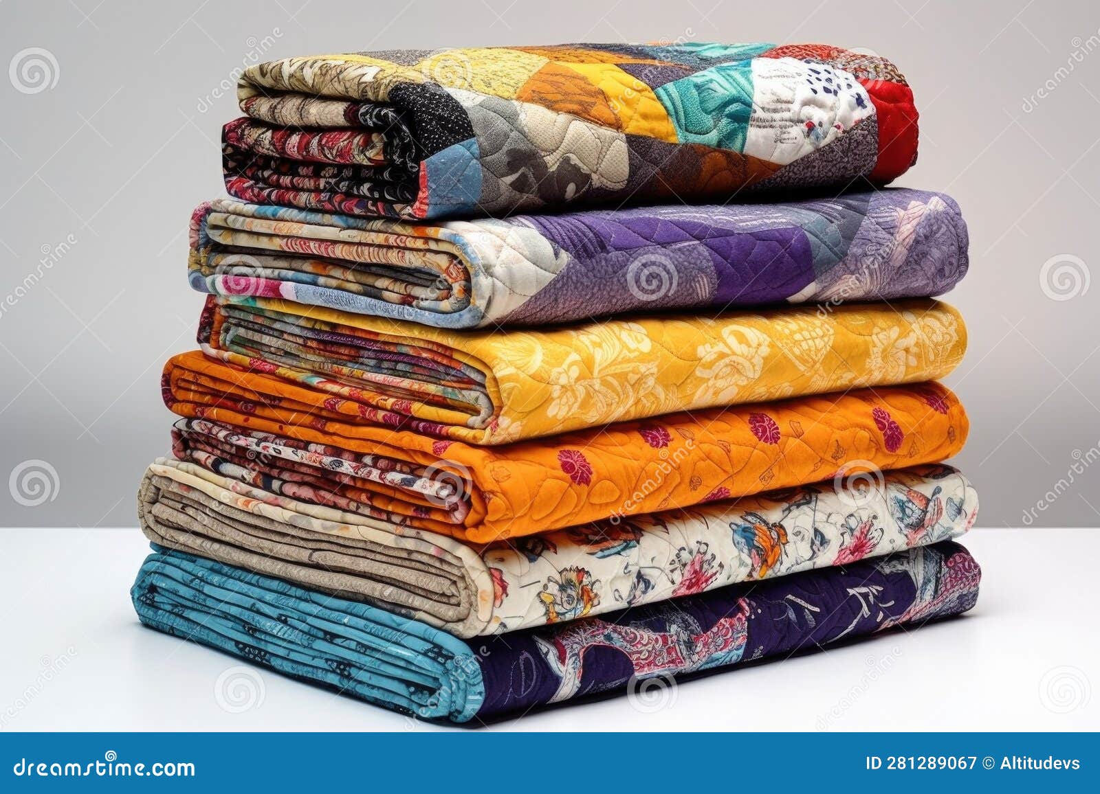 Stack of Folded Quilts Showcasing Various Designs Stock Illustration ...