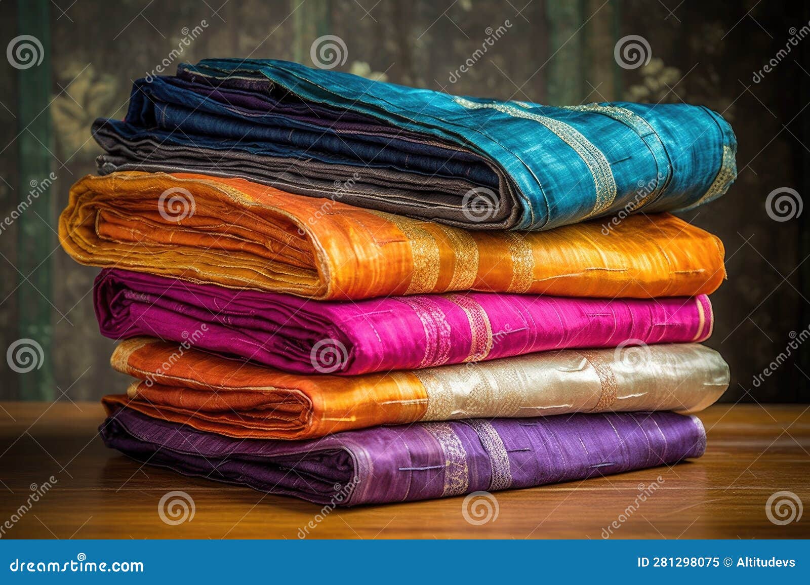 A Stack of Folded Silk Sarees in Vibrant Hues Stock Illustration ...