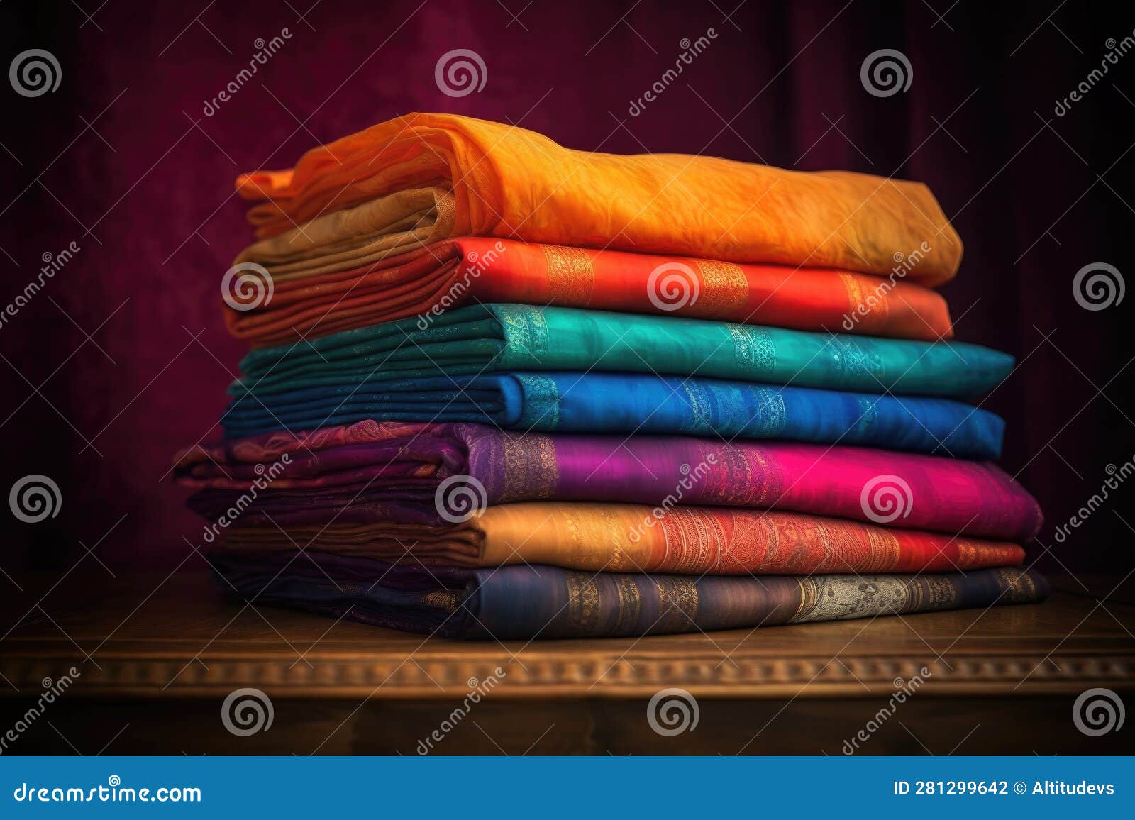 A Stack of Folded Silk Sarees in Vibrant Hues Stock Illustration ...