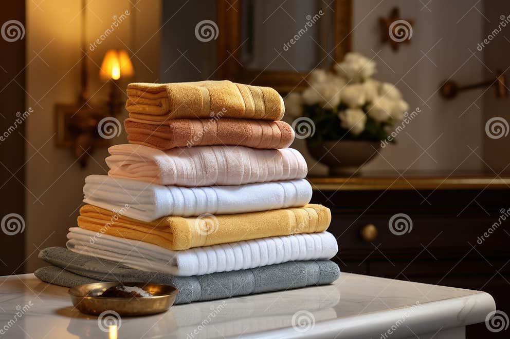 Stack of Folded Towels beside an Elegant Bathtub Stock Photo - Image of ...
