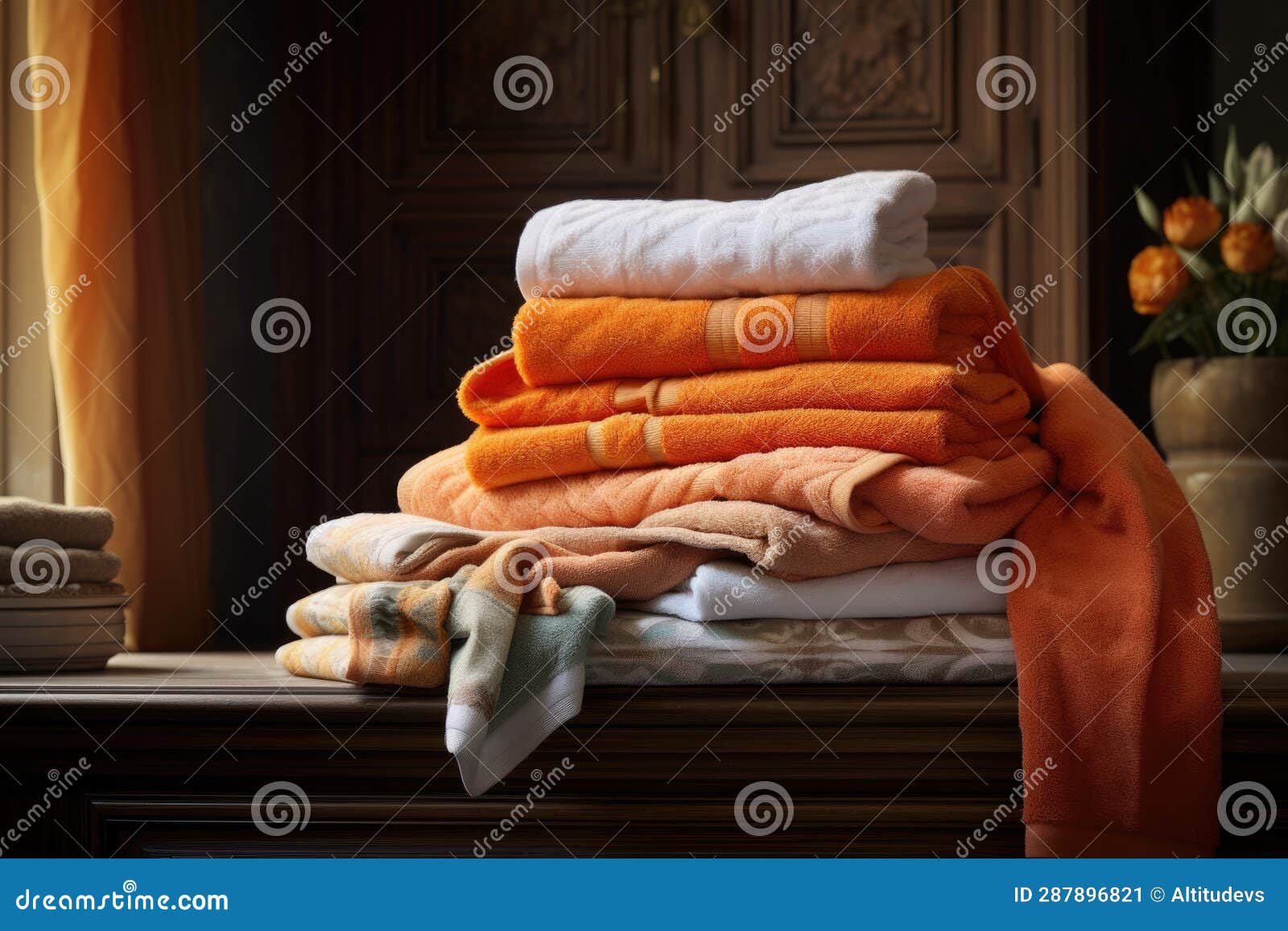 Stack of Folded Towels beside an Elegant Bathtub Stock Illustration ...