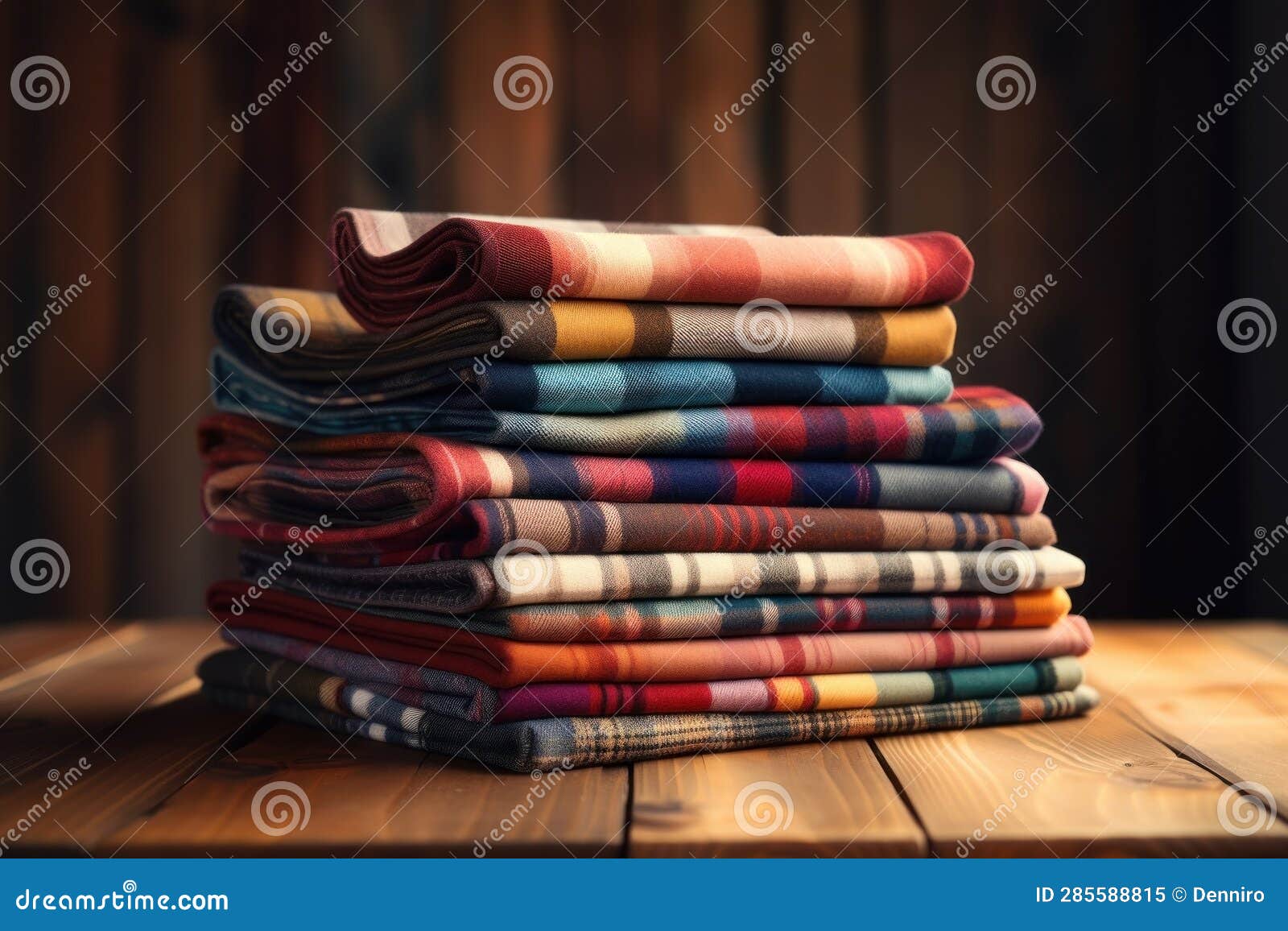 Stack of Folded Various Colorful Plaids on a Wooden Table. Wooden Walls ...