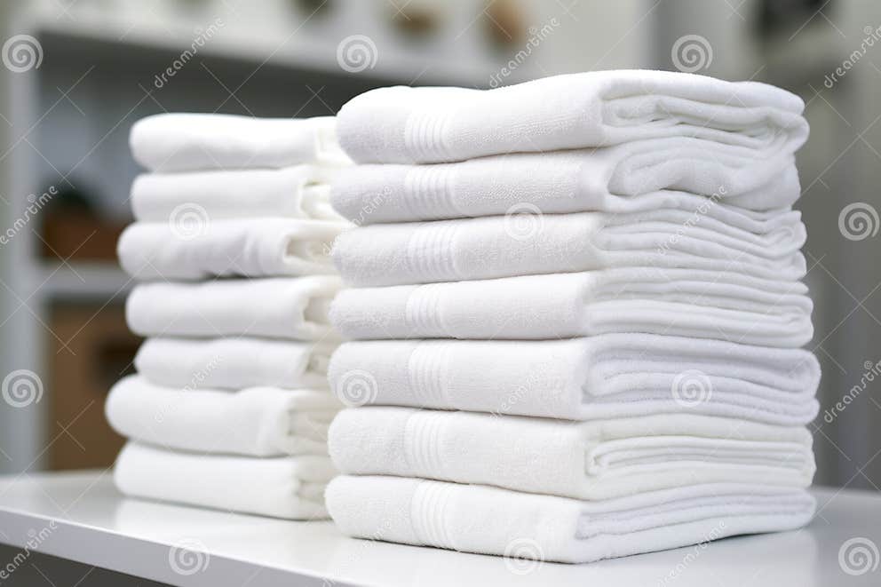 A Stack of Folded White Towels on a Table Stock Photo - Image of ...