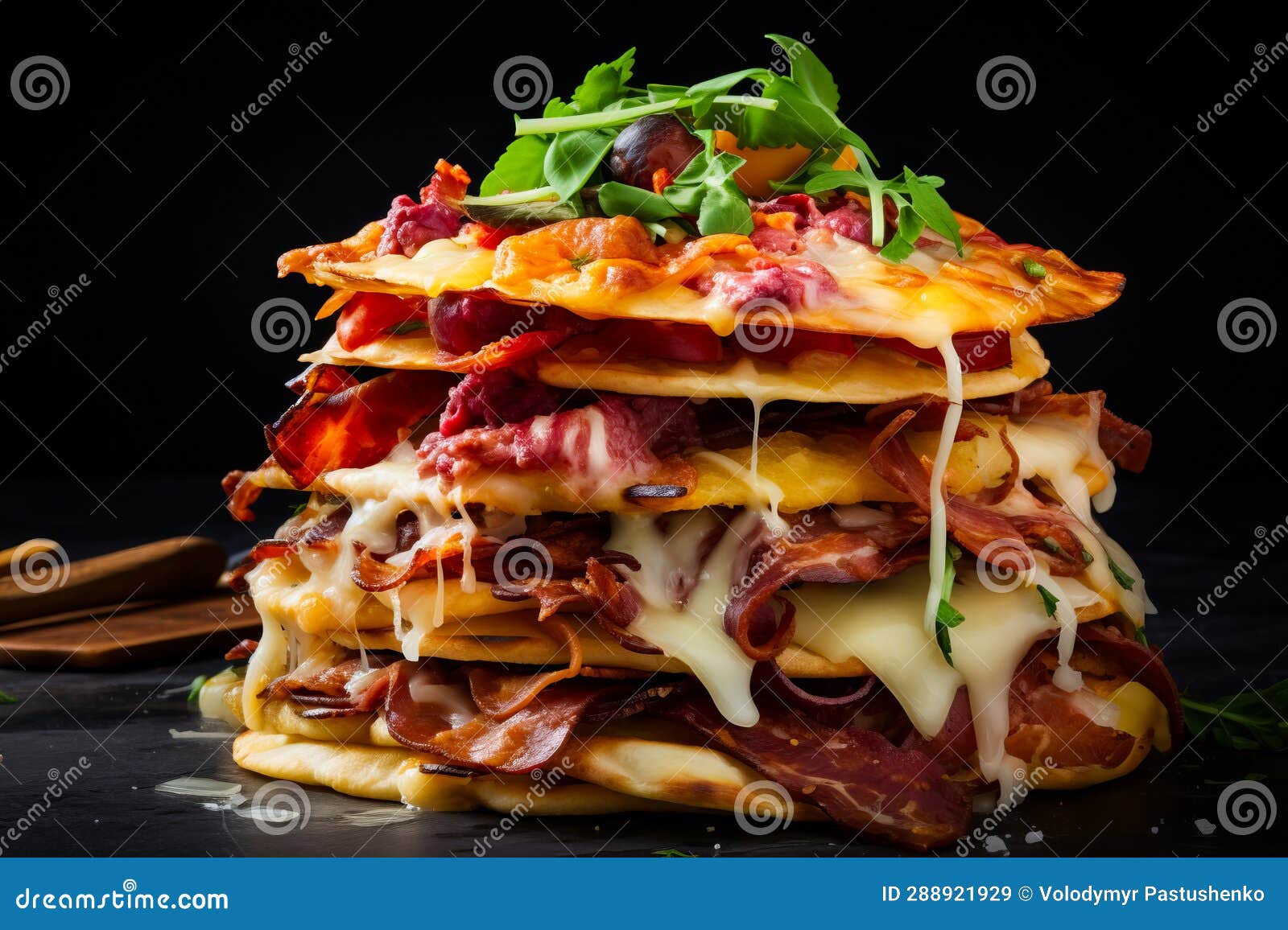 Stack of Food with Cheese, Bacon, and Greens on Top. Generative AI ...
