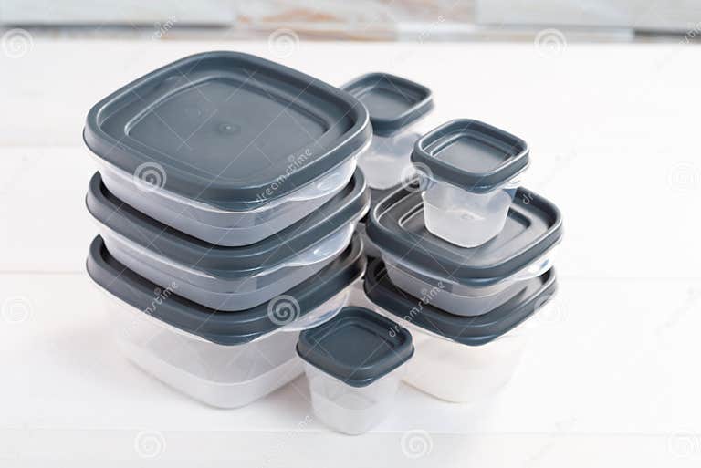 Stack of Food Plastic Containers of Different Sizes. Storing Food for ...