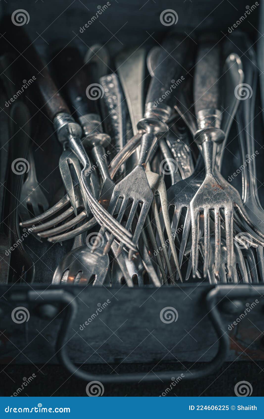 Stack of Forks in a Metal Box. Antique Used Cutlery Stock Image - Image ...