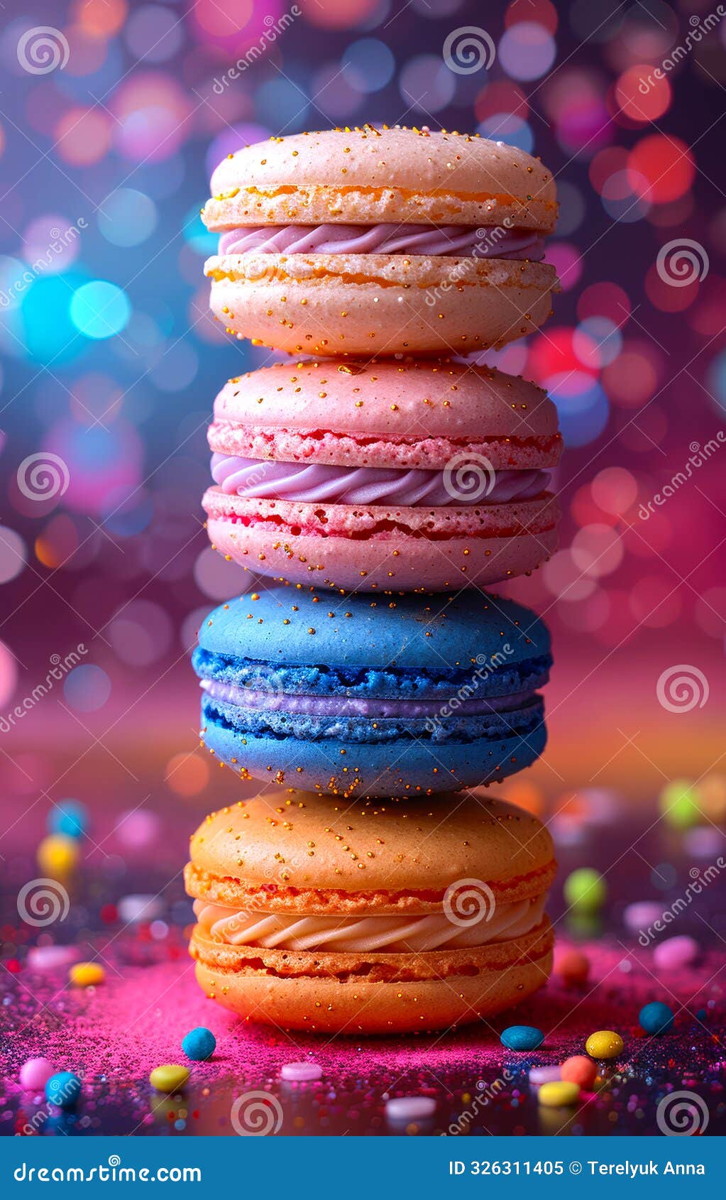 A Stack of Four Different Colored Macarons with Gold Sprinkles on Top ...