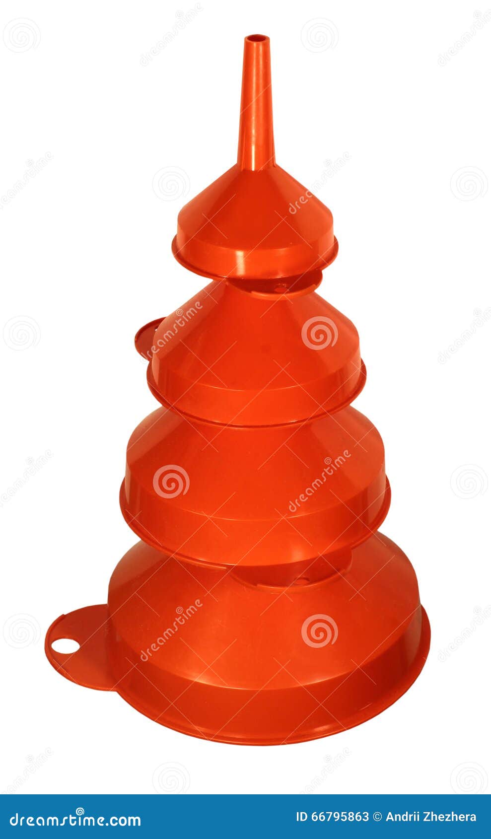 Stack of Four Orange Plastic Funnels Isolated on a White Background ...