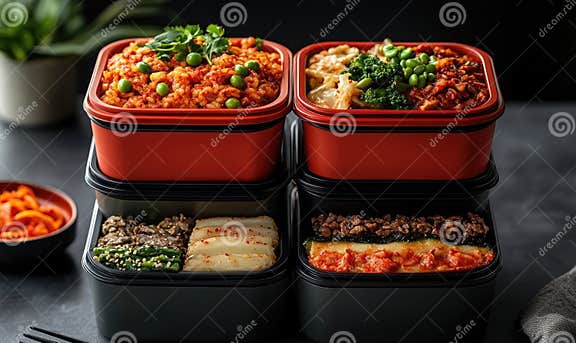 A Stack of Four Red Containers with Various Types of Food in Them Stock ...