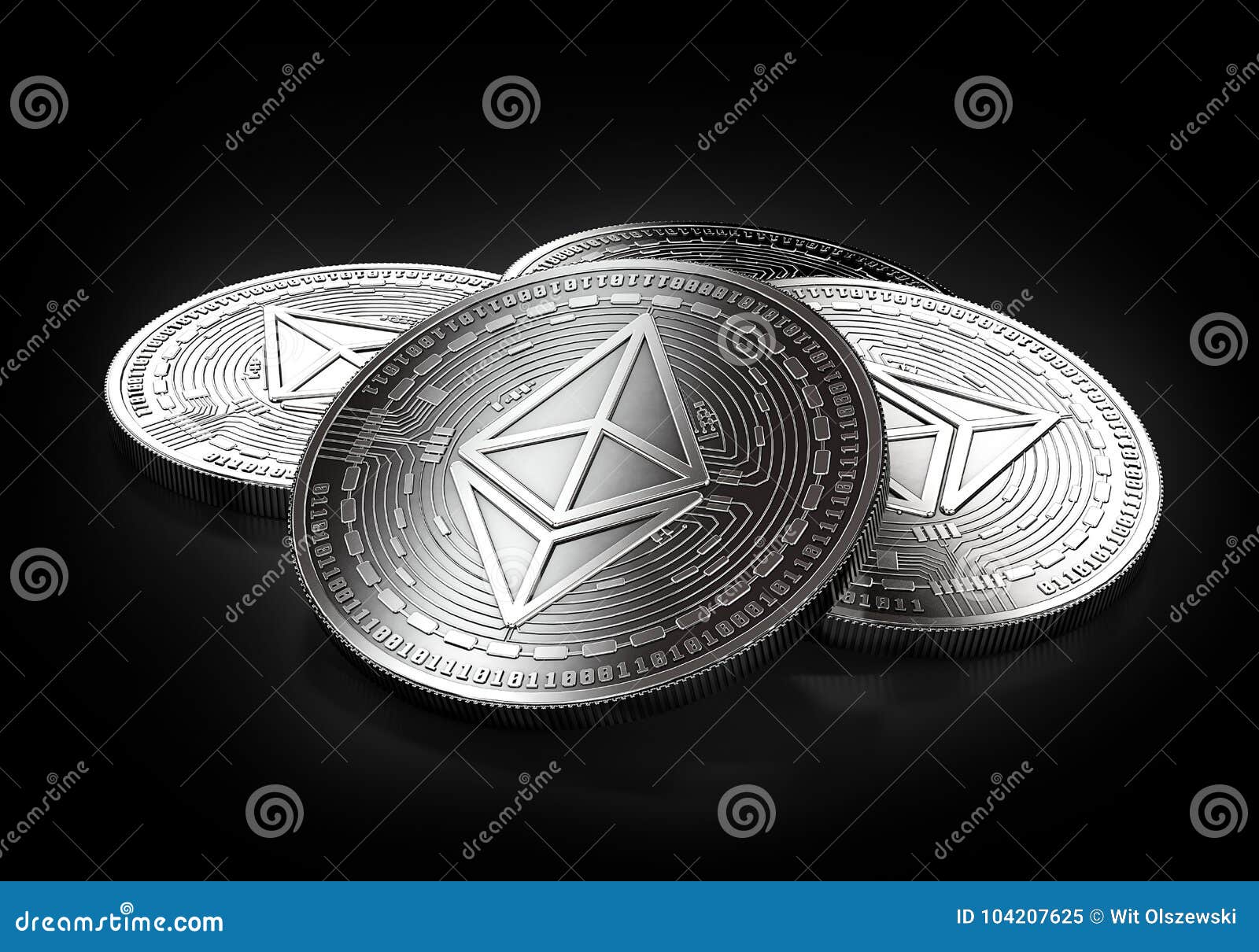 Stack of Four Silver Ethereum Coins Laying on the Black Background ...