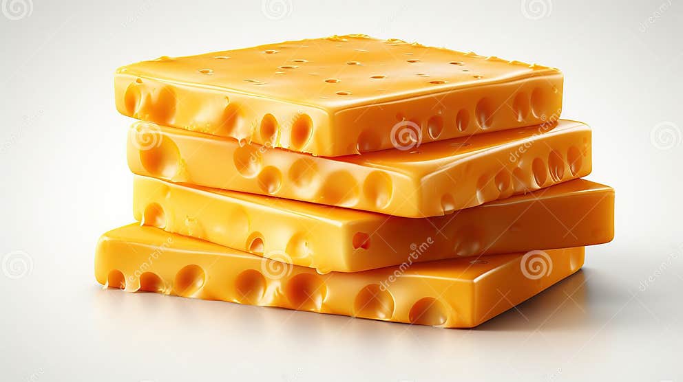 A Stack of Four Square Slices of Cheddar Cheese with Large Holes on a ...