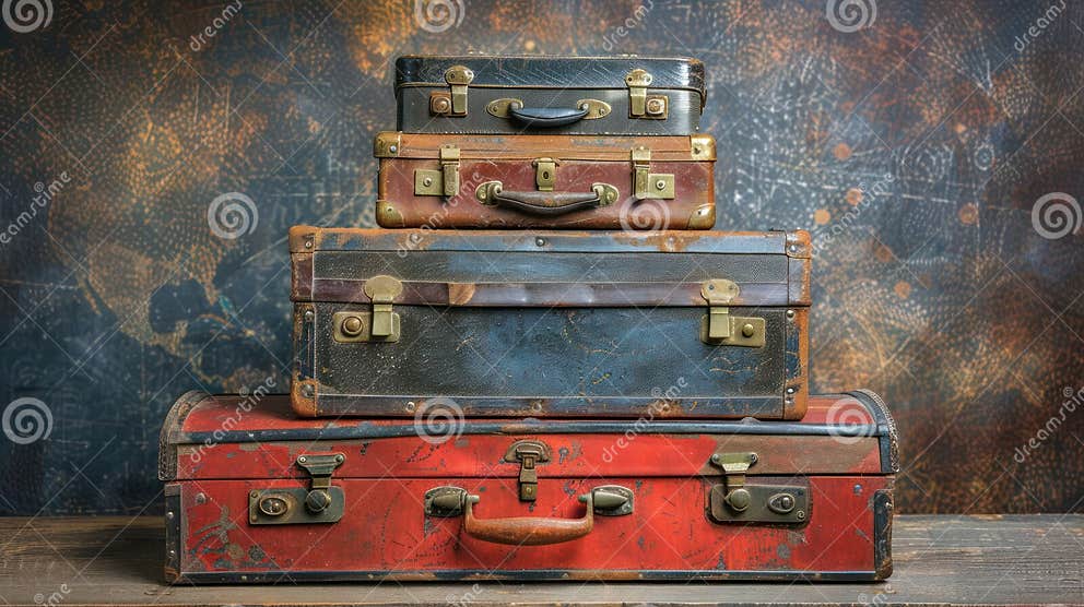 Stack of Four Vintage Suitcases with Various Colours, Textures, and ...