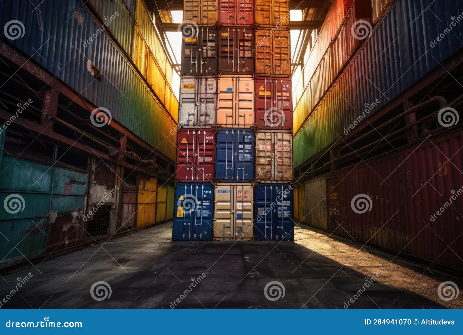 Stack of Freight Containers at Industrial Warehouse Stock Photo - Image ...