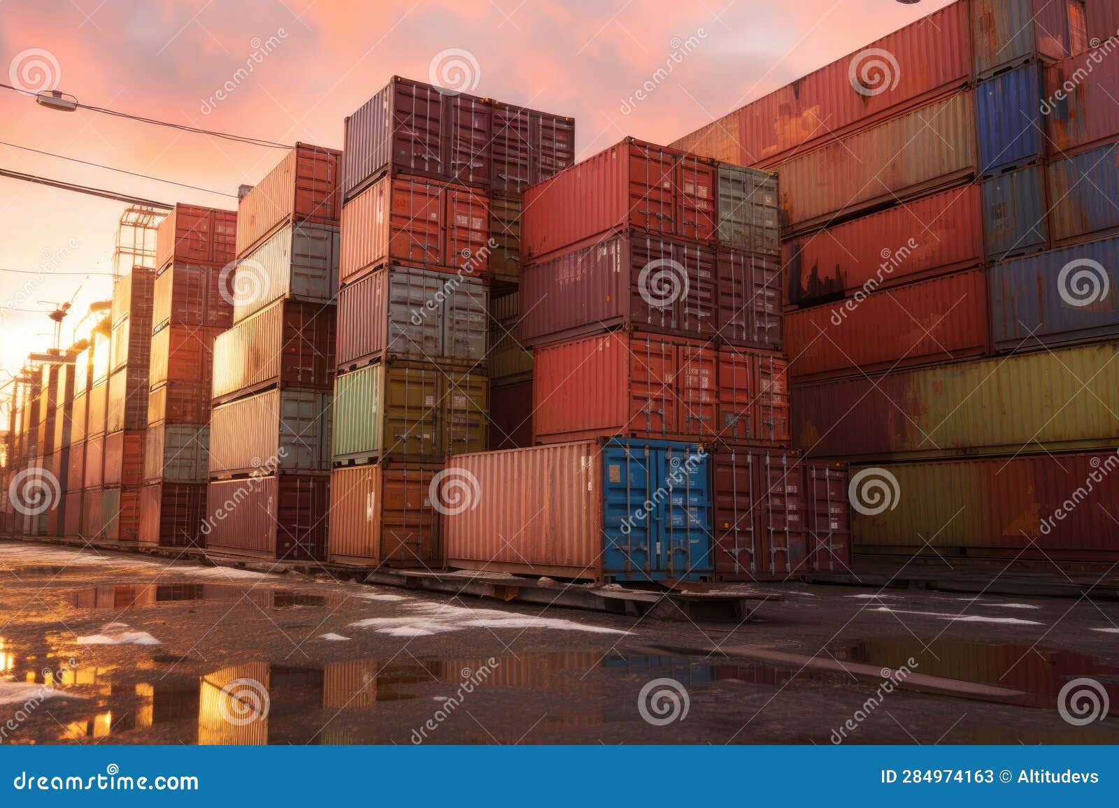 Stack of Freight Containers at Industrial Warehouse Stock Illustration ...