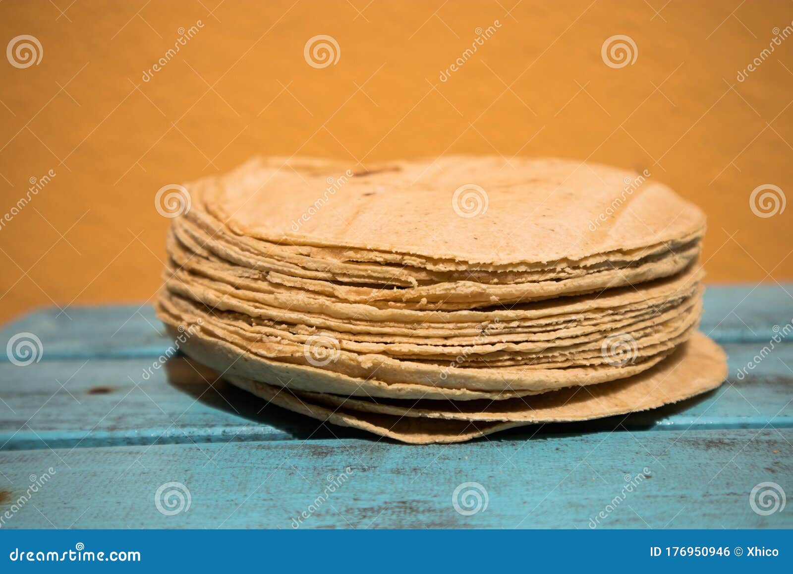 Stack of Fresh Corn Tortillas on Blue Wood Table Stock Photo - Image of ...