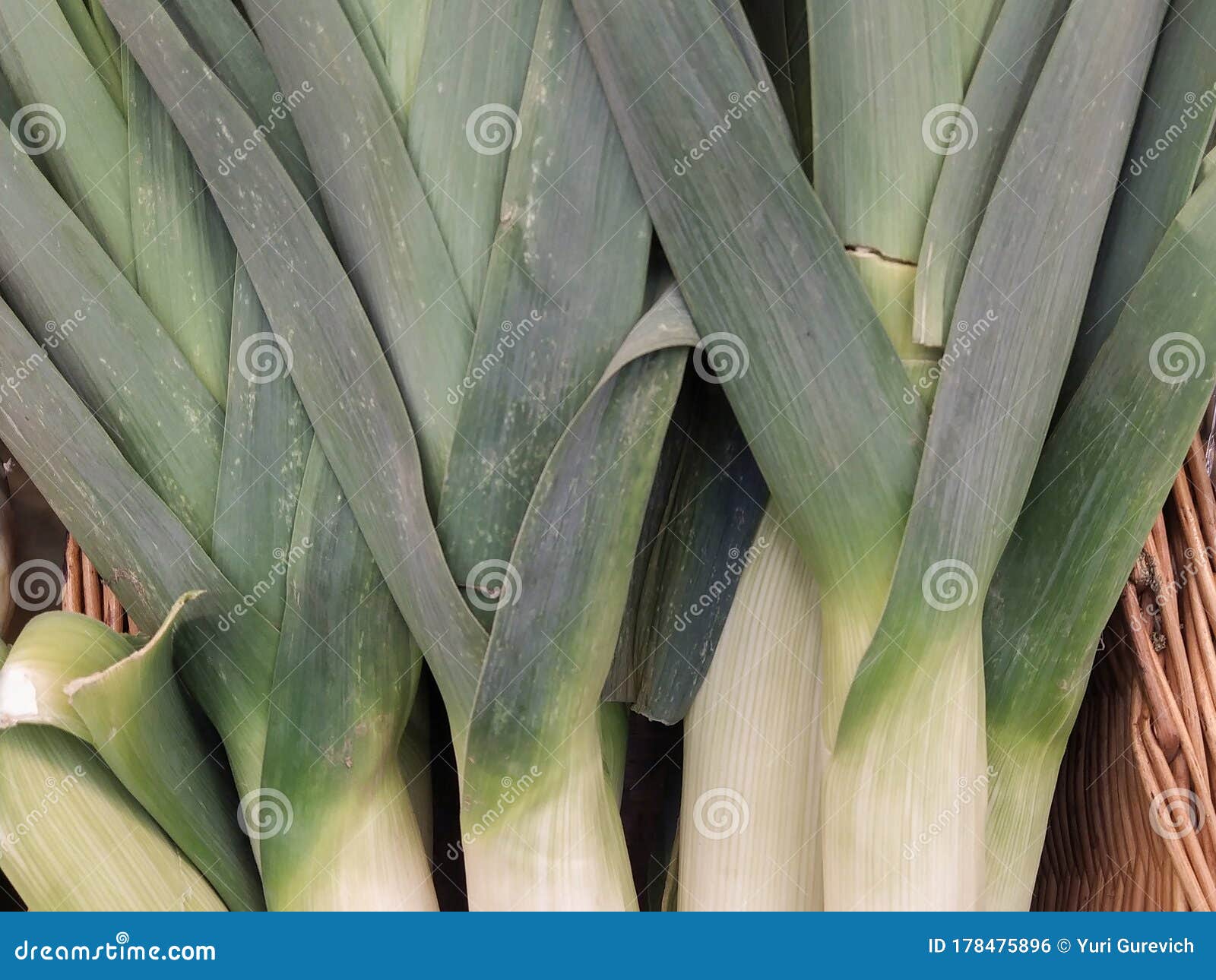 Stack of Fresh Green Leek on a Flea Market Counter. Fresh Vegetables ...