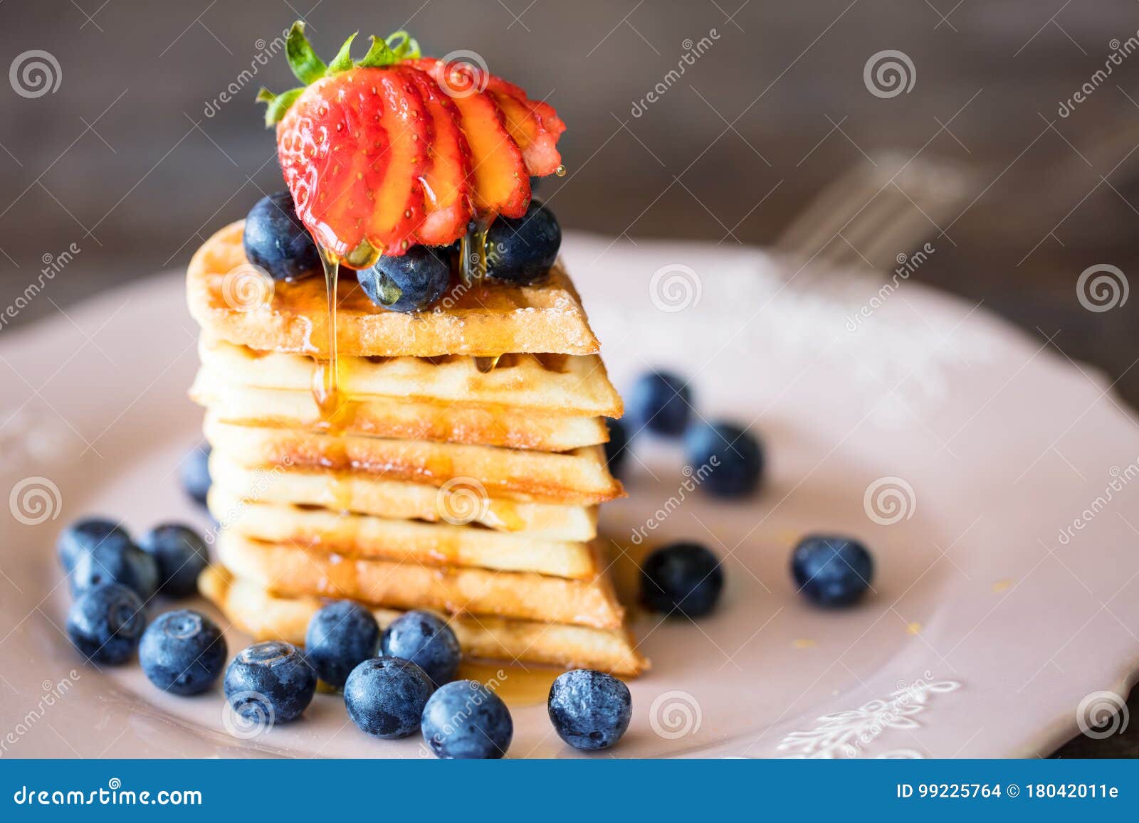 Stack of Freshly Backed Waffles in Shape of Heart with Berries O Stock ...