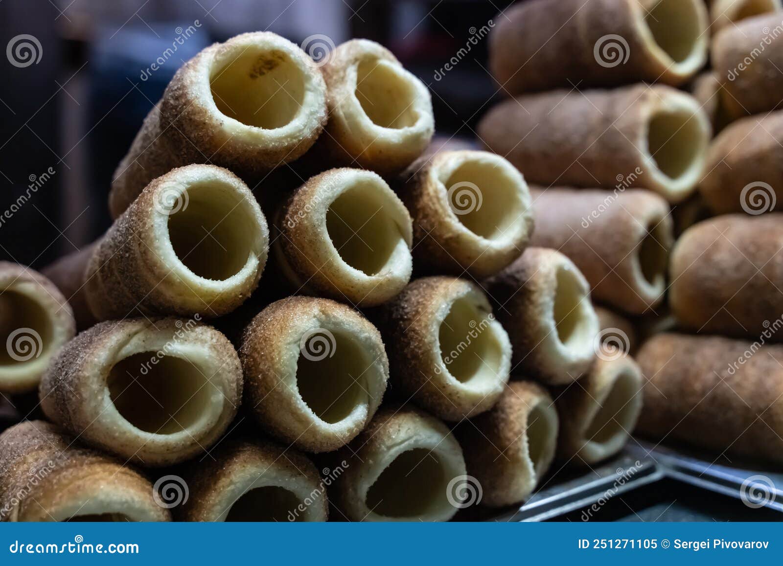 Stack of Freshly Baked Trdelnik Close-up, Traditional Prague Dessert ...