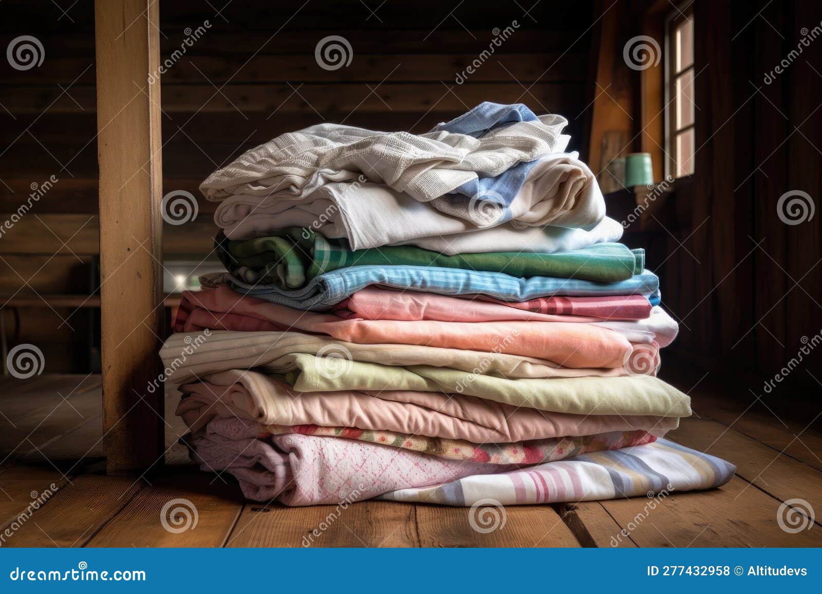 Stack of Freshly Laundered and Folded Linens on Wooden Table Stock ...