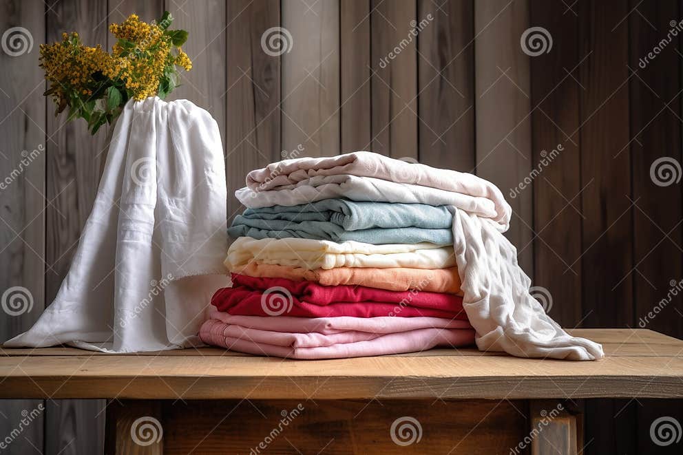 Stack of Freshly Laundered and Folded Linens on Wooden Table Stock ...