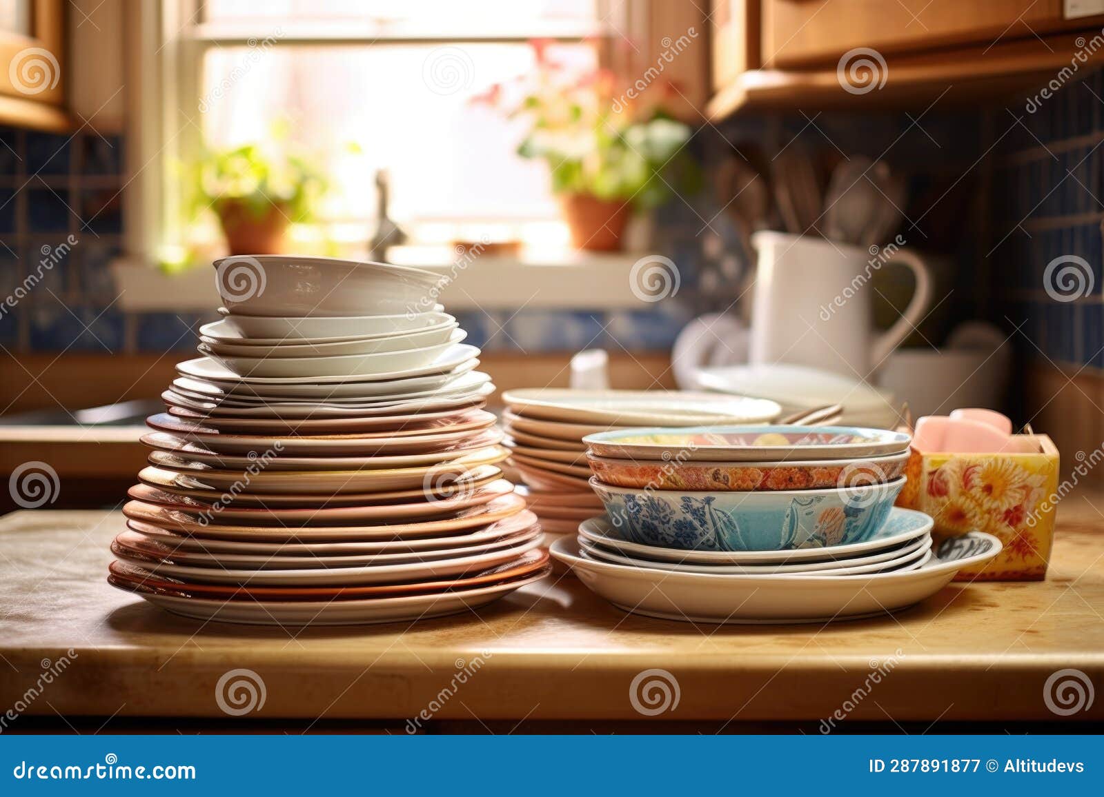 Stack of Freshly Washed Dishes on a Counter Stock Image - Image of ...