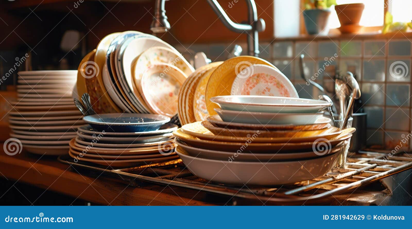 A Stack of Freshly Washed Dishes Sparkles in the Drying Rack, Concept ...