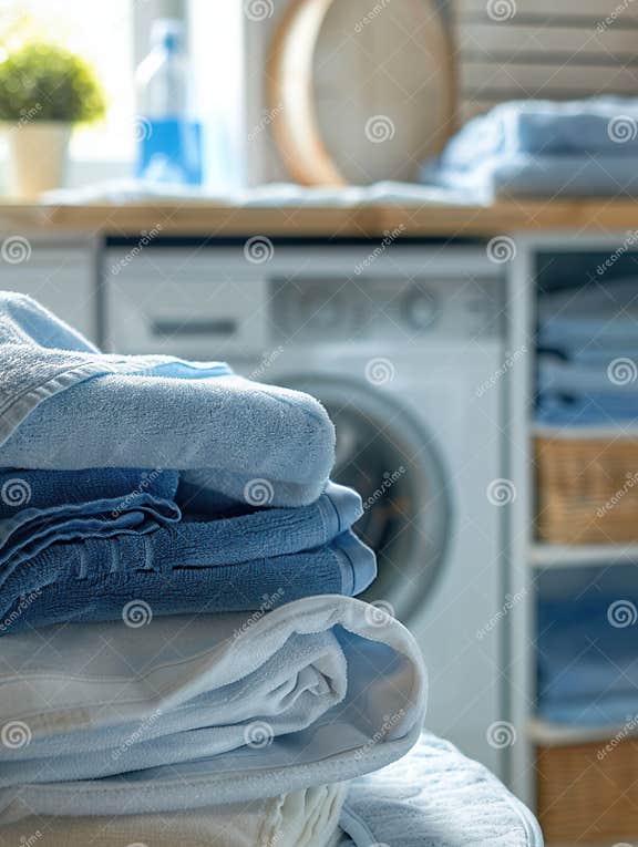 A Stack of Freshly Washed Laundry Sits Neatly Folded beside a White ...