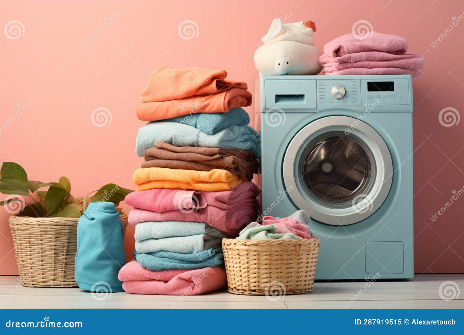 A Stack of Freshly Washed Laundry on Washing Machine Background Stock ...