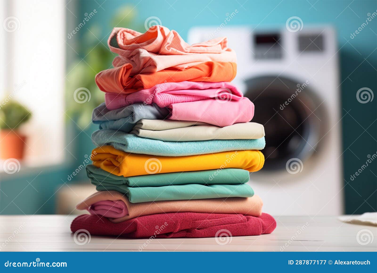 A Stack of Freshly Washed Laundry on Washing Machine Background Stock ...