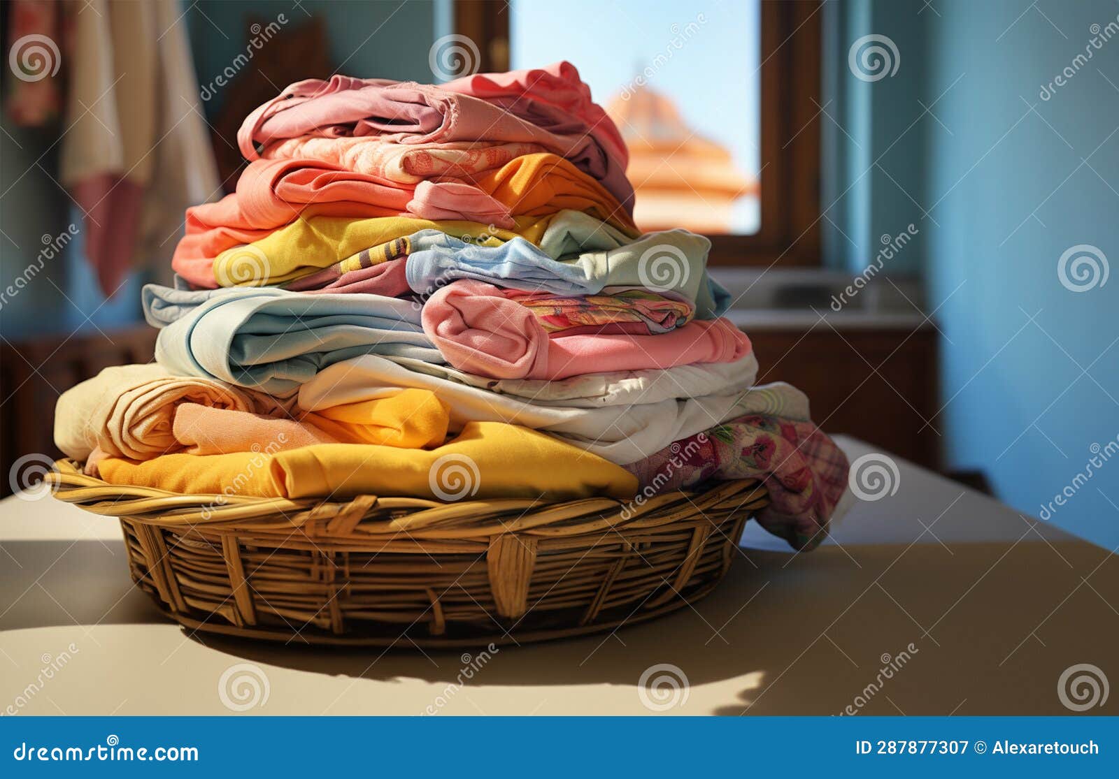 A Stack of Freshly Washed Laundry on Washing Machine Background Stock ...